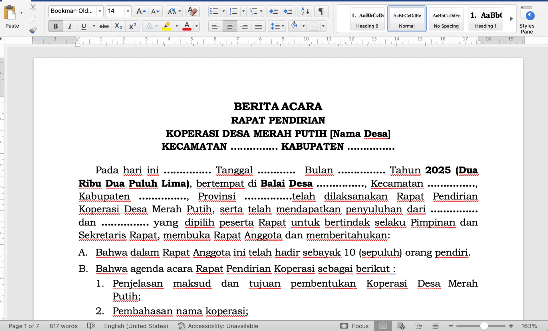 Download Berita Acara Pendirian Koperasi Merah Putih .Doc / Word